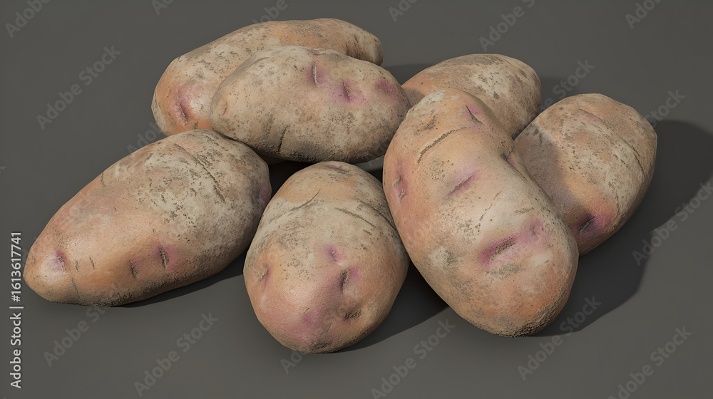 Pile of potatoes, various sizes and shapes, with visible blemishes and ...
