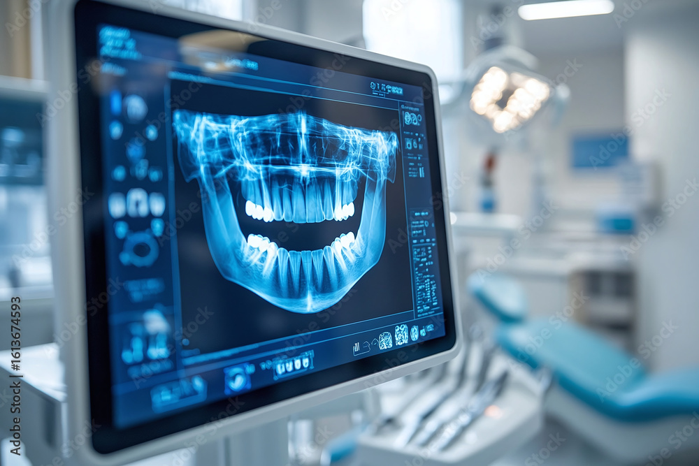 Panoramic dental x-ray image displayed on monitor in clinic. Digital ...