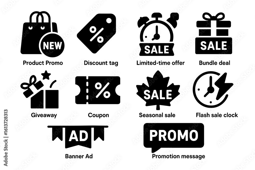 Set of monochromatic promotional icons for sales and discounts Stock ...