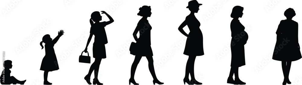 Female growth stages vector – girl to woman silhouette PNG, woman age ...