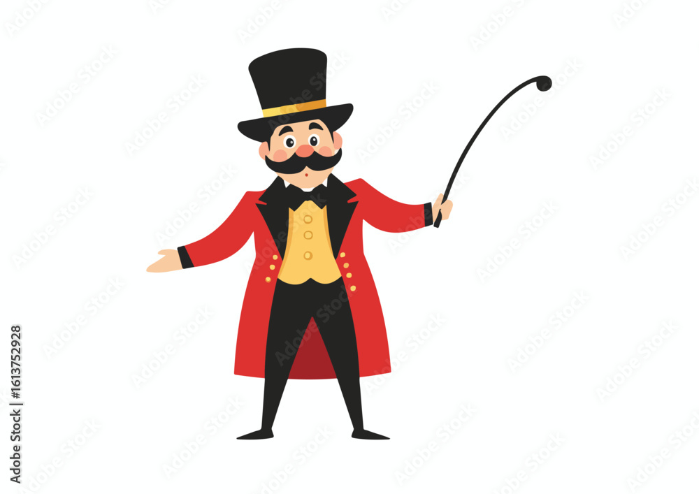Circus Ringmaster in Red Coat and Top Hat Holding Whip Vector ...