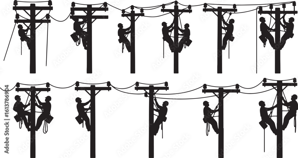 Stock-Vektorgrafik „Silhouette of linemen working on utility poles with ...