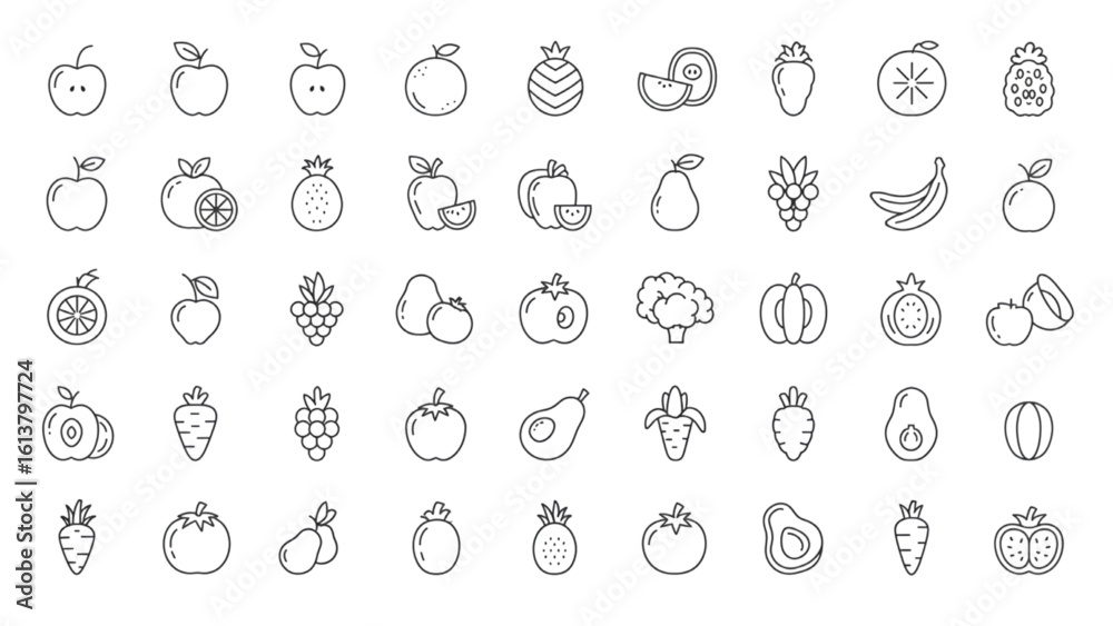 Healthy eating icons of fruits and vegetables line art for food markets ...