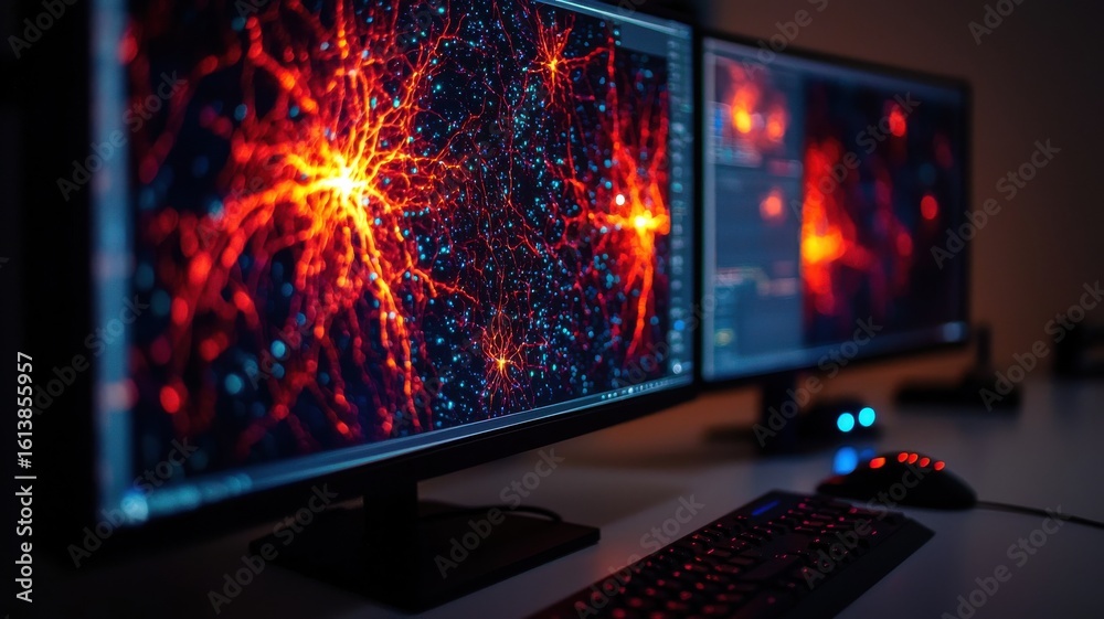 Dual monitors display vibrant neural network patterns and data ...