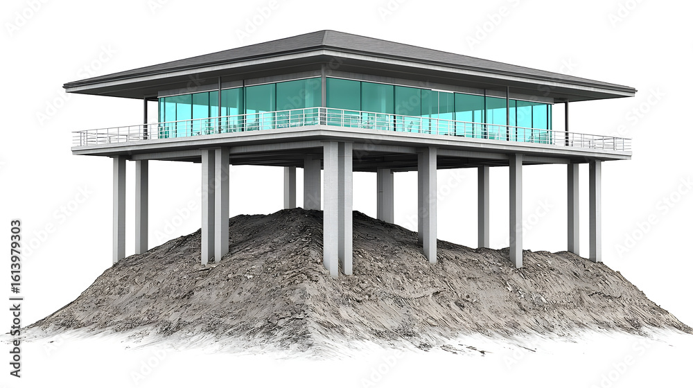 Modern elevated house on a large mound of earth. Glass walls, grey ...