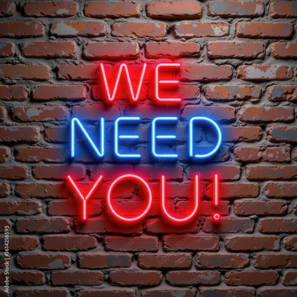 Neon Sign on Brick Wall Reading We Need You! in Red and Blue Colors for ...