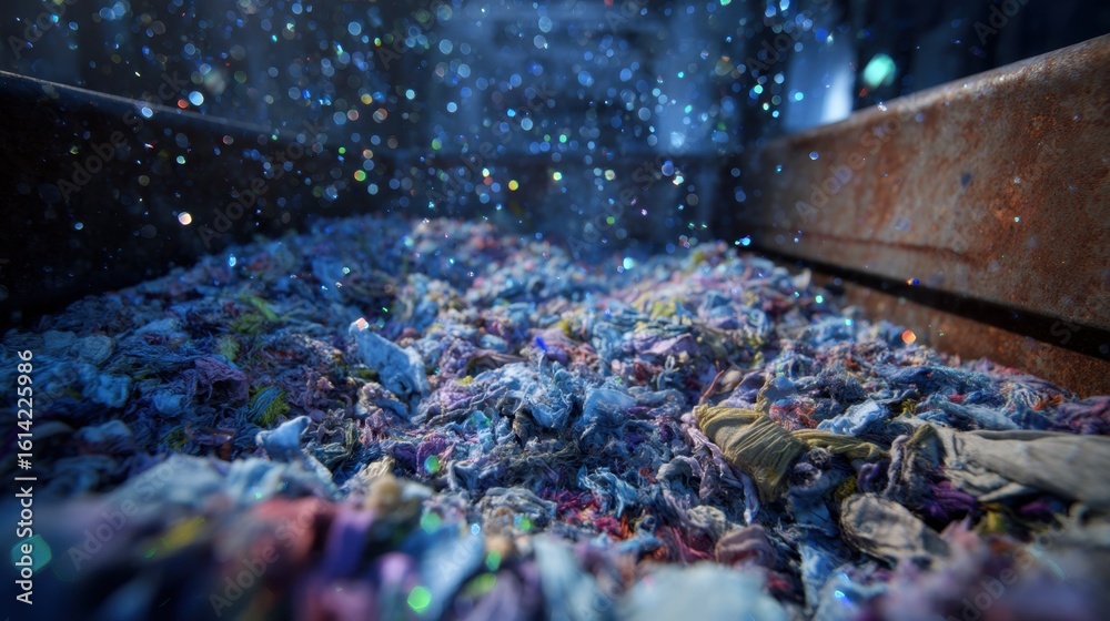 Shredded textile materials in a large metallic bin showcase a mixture ...