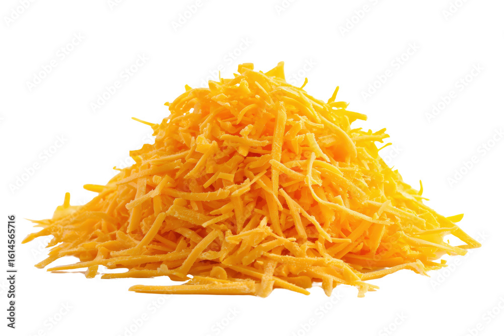 Pile of shredded cheddar cheese with fine strands on black isolated on ...