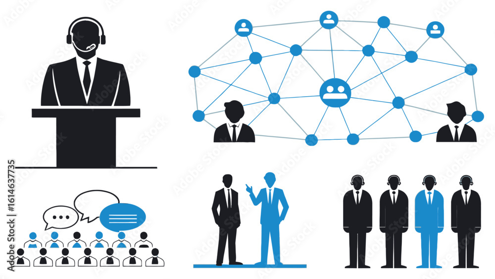 Business communication icons with teamwork checklist and location ...