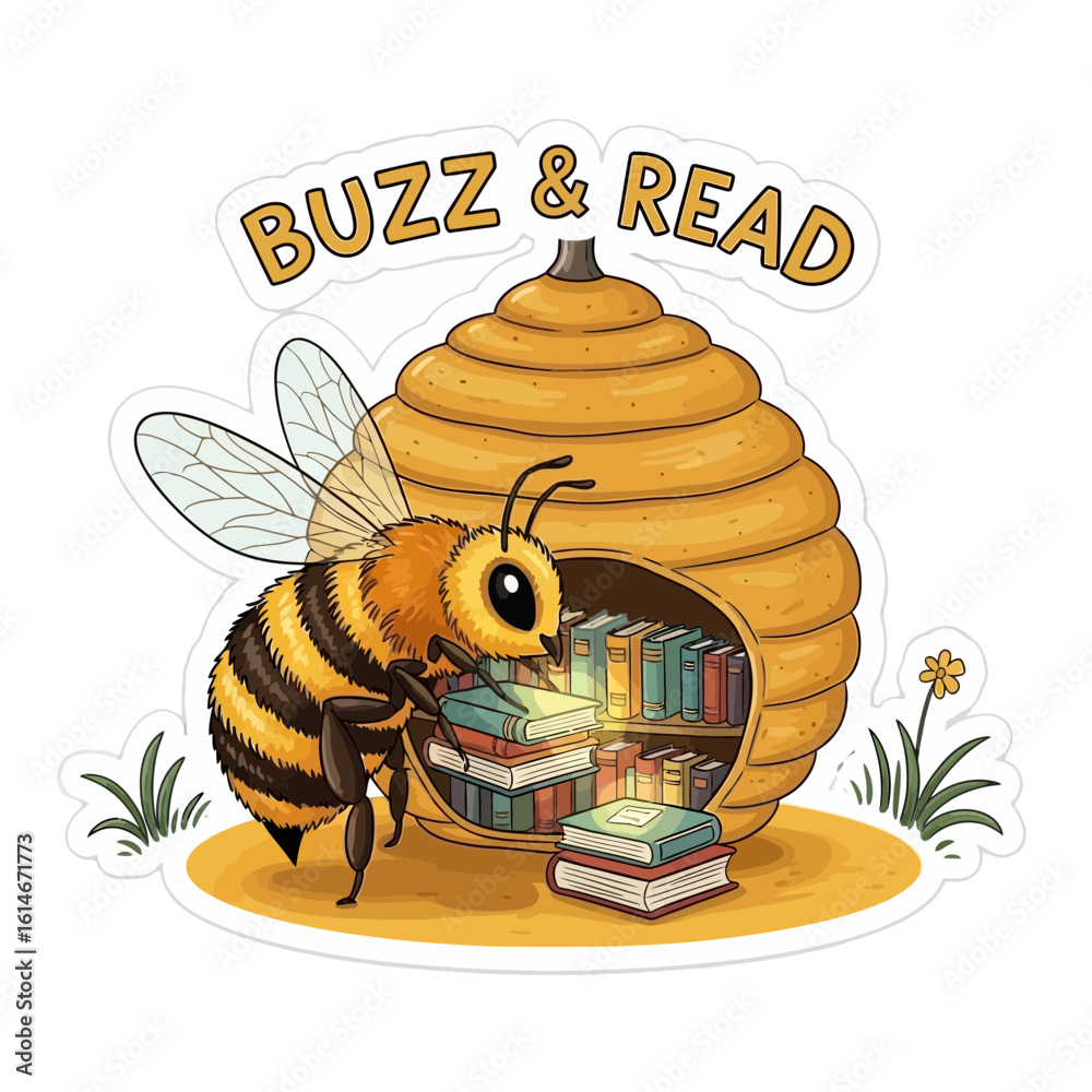 Adorable cartoon bee reading books inside a beehive with a Buzz Read ...