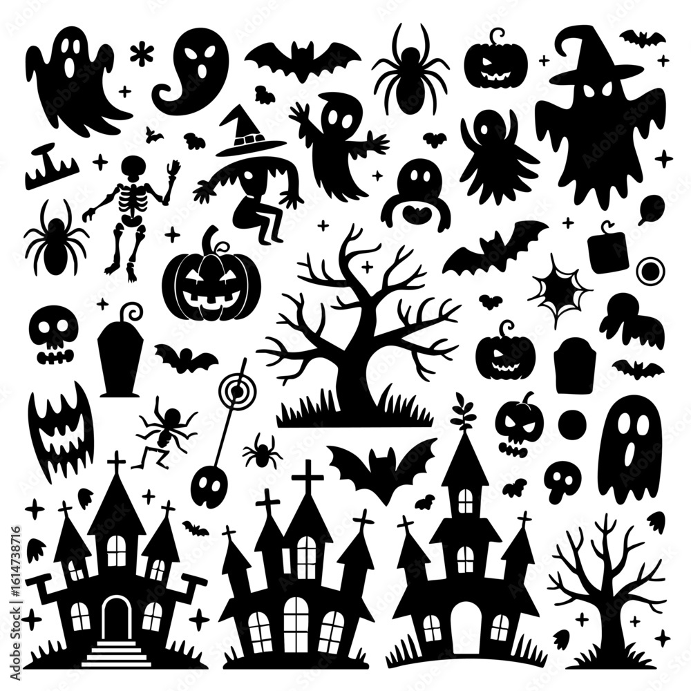 Spooky halloween silhouette collection featuring ghosts bats skeletons ...