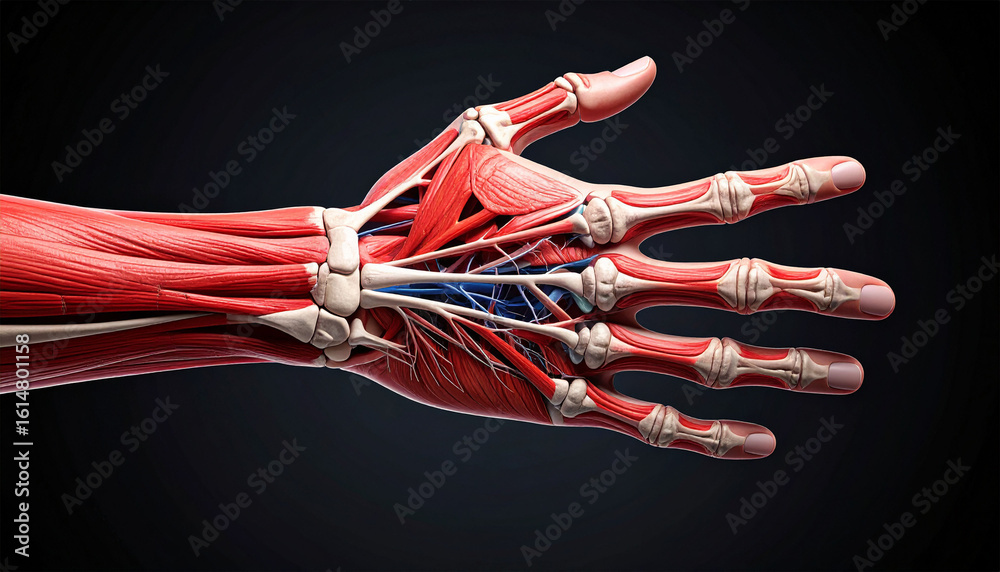 Open human hand anatomy showing muscle and bone tissue Stock ...
