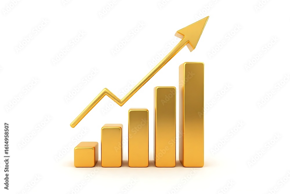 3d growing gold bar shaped bar graphs and a golden arrow upward above ...