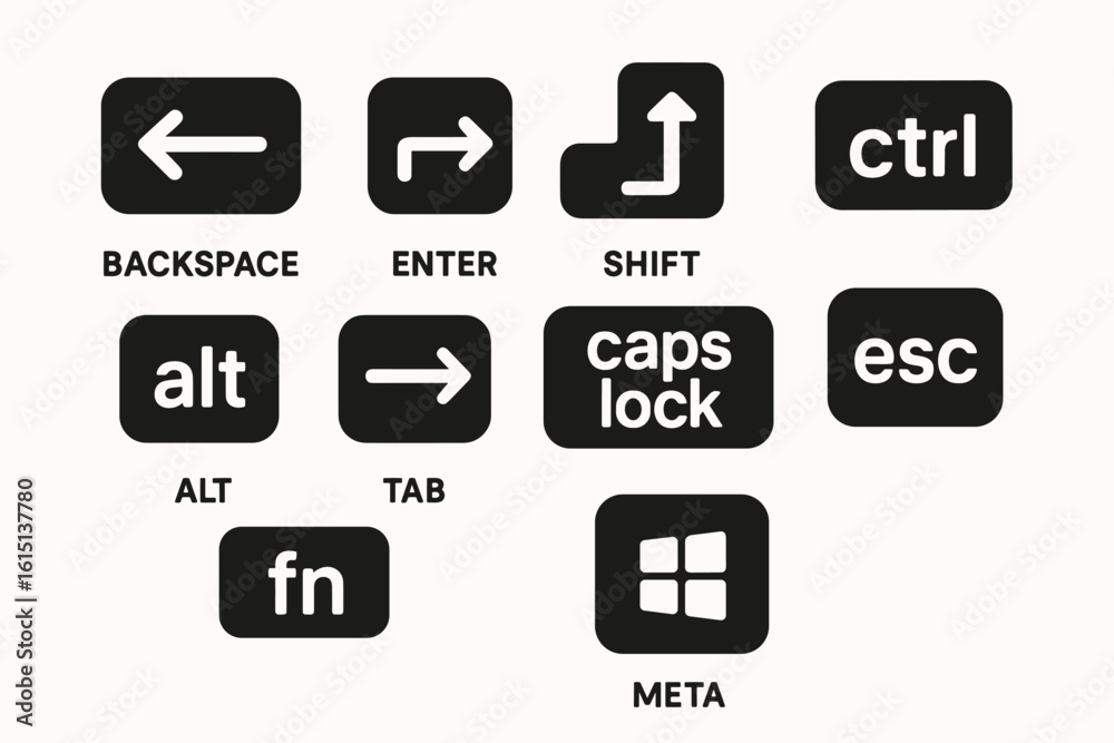 Keyboard shortcut solid icon set. backspace, enter, shift, ctrl, alt ...