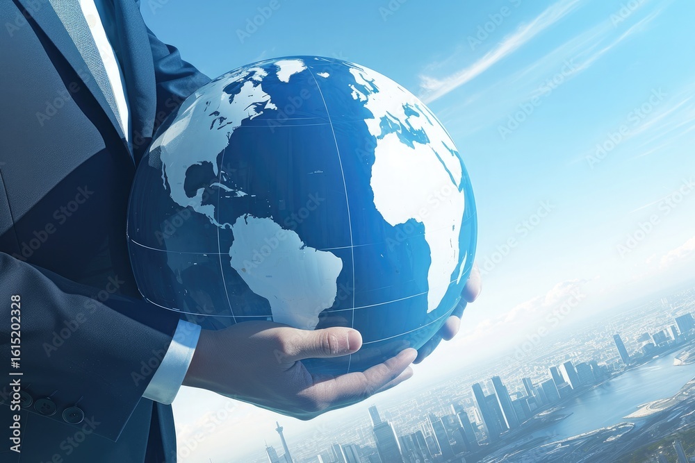 Businessman holding globe with cityscape and blue sky, global business ...