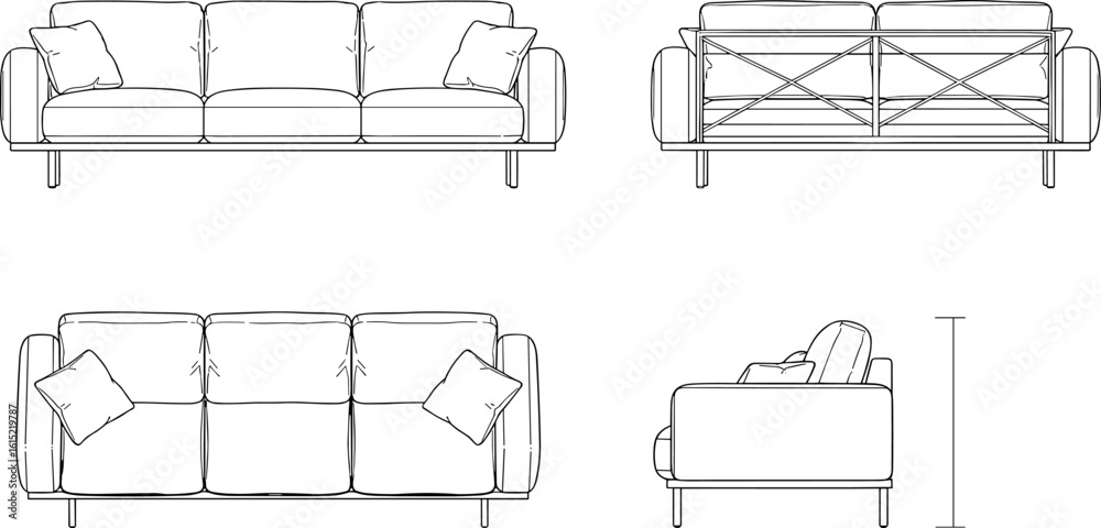 Sofa outline top, front, back, side view. Floor plan icons set for ...