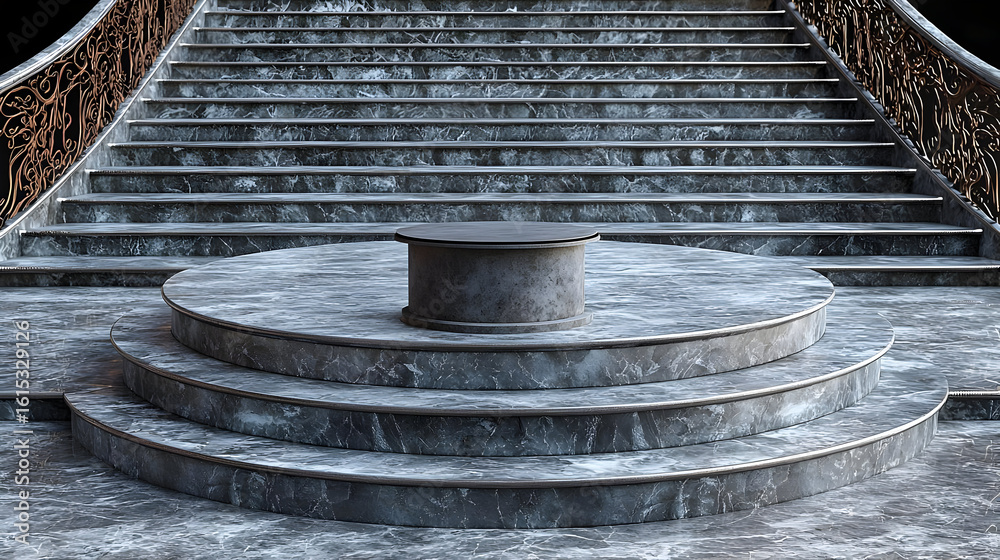 Elegant gray marble staircase with tiered pedestal. A circular pedestal ...