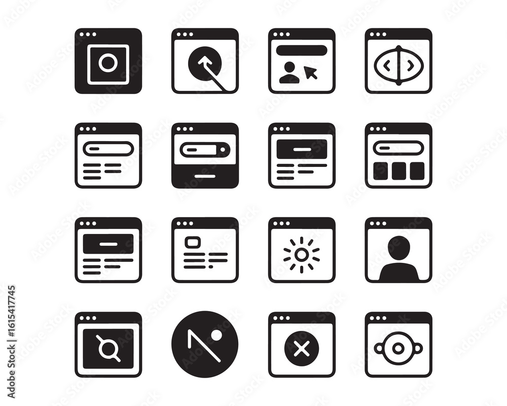Collection of sixteen black and white interface icons arranged on a ...