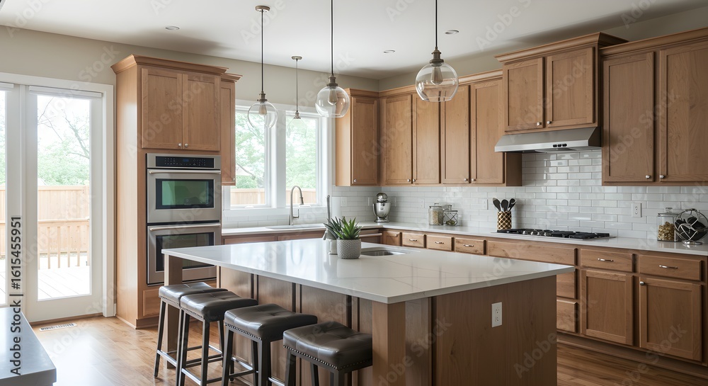 ภาพถ่าย Stock Modern kitchen showcases island with stools, wood ...