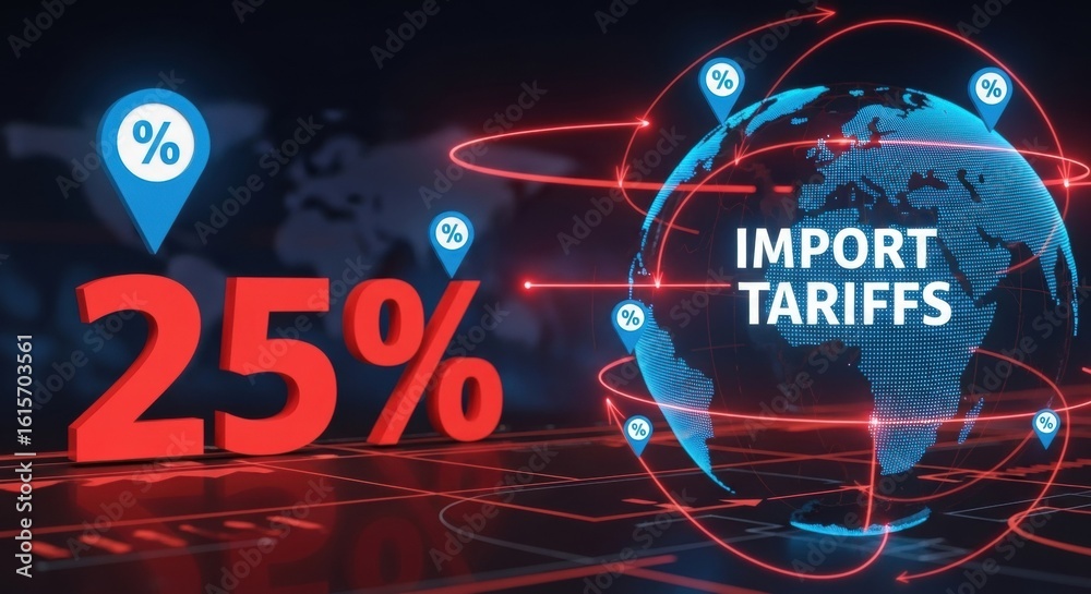 A graphic showing import tariffs with a globe and a large percent ...