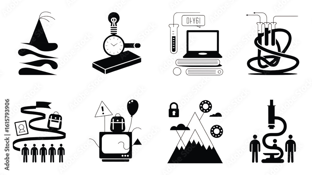 Collection of Black and White Pictograms Illustrating Various Concepts ...