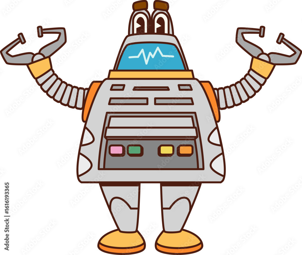 Cartoon groovy robot character with control panel chest and wide body ...