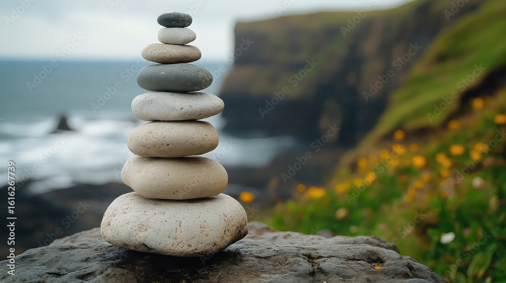 Rock cairn at cliff edge with stacked stones scenic view and balance ...