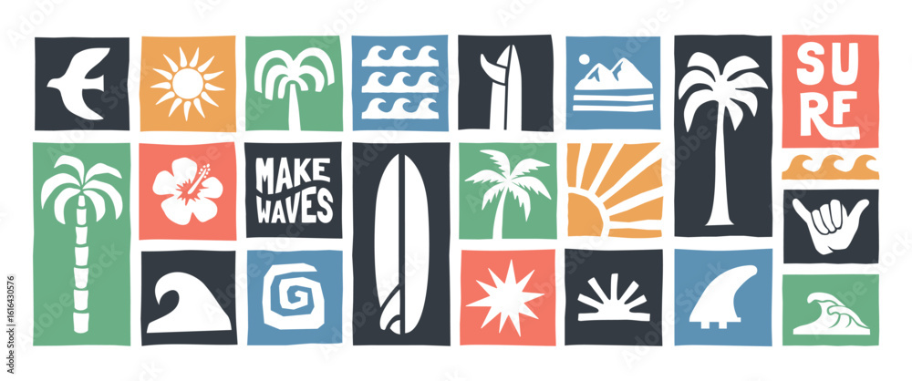 Beach and surf icon vector set with tropical elements like palm trees ...