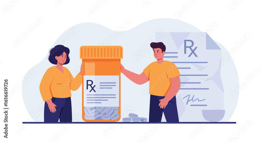 Prescription medication concept with characters holding pill bottle and ...