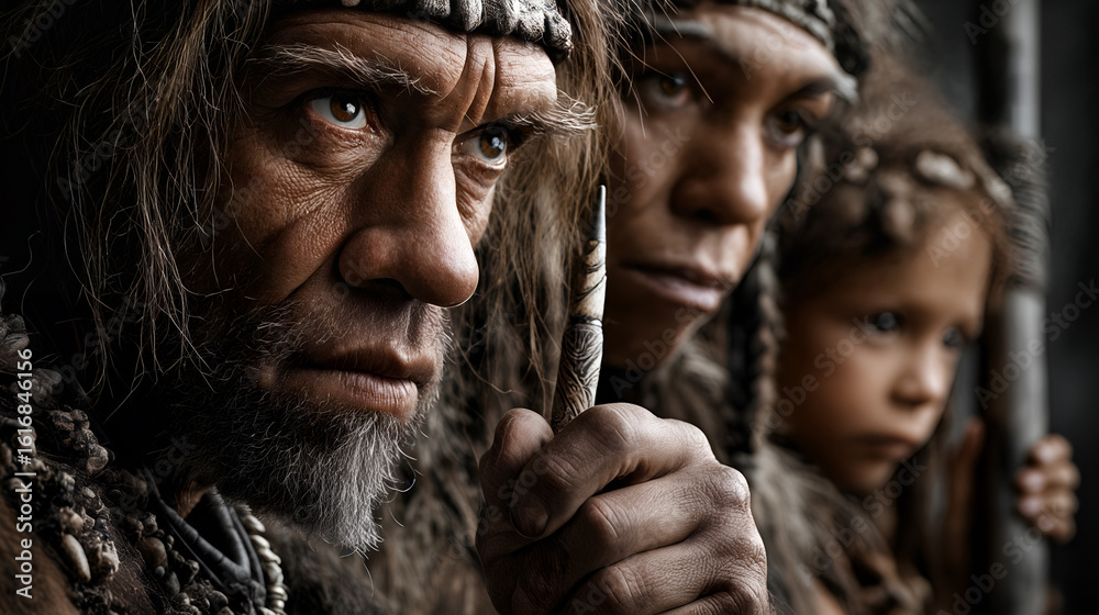 Ancient neanderthal family depicting prehistoric life and cultural ...