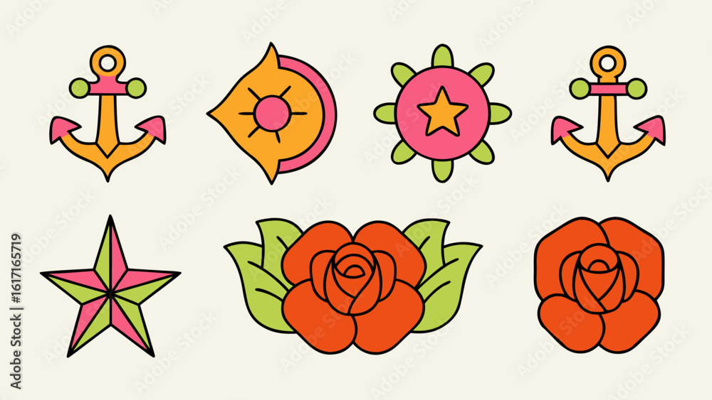 เวกเตอร์ Stock Classic old school tattoo designs featuring iconic ...