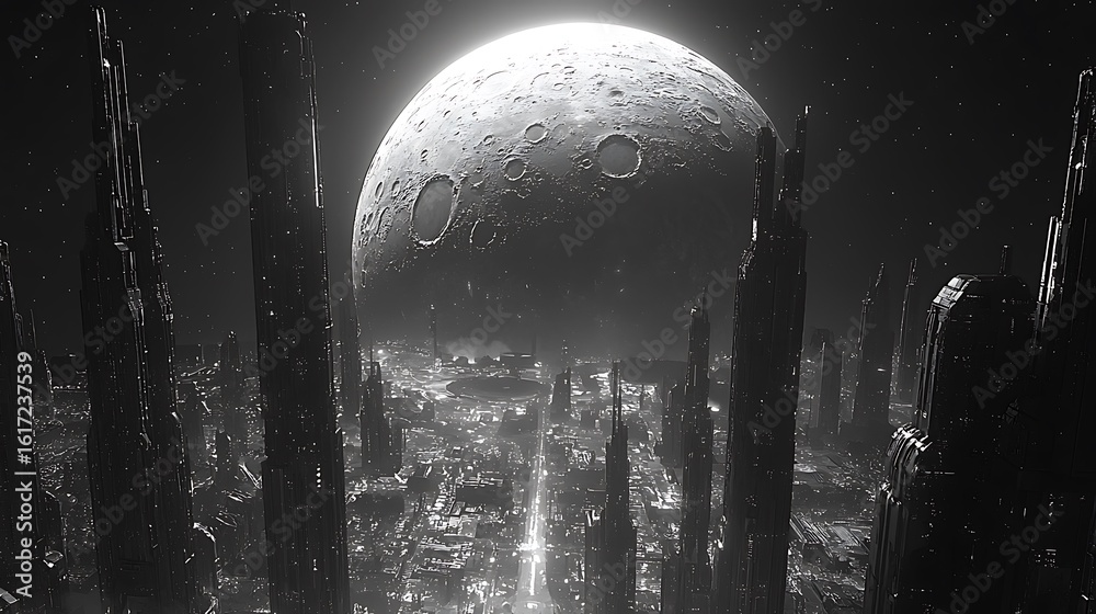 Moonlit futuristic metropolis imposing structures abound Stock ...