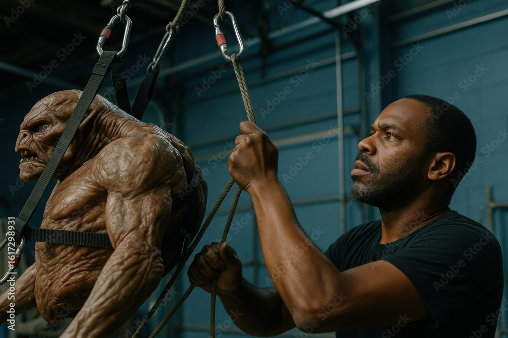 Special effects artist adjusting realistic creature puppet on set in ...