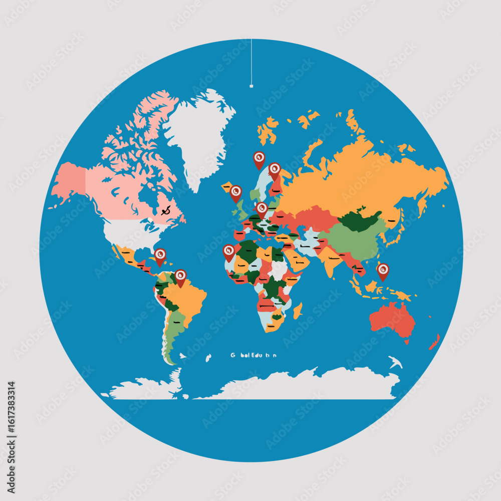 Colorful world map illustration with location pins marking various ...