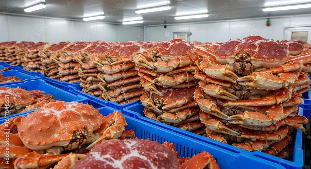 Frozen king crabs stacked high in blue plastic crates inside a ...