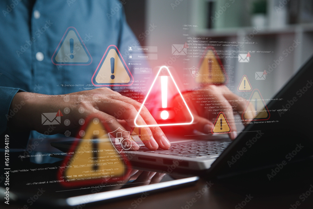 Cyber security risk concept, system alert on interface, hacking, IT ...