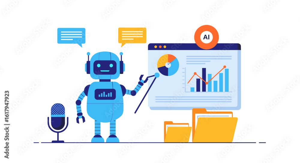 Artificial intelligence robot analyzing data and presenting insights ...