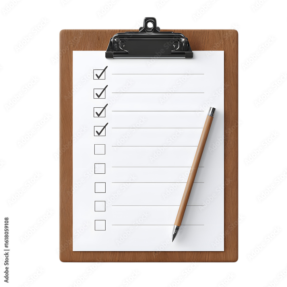 Wooden clipboard with crisp paper displaying completed checklist items ...