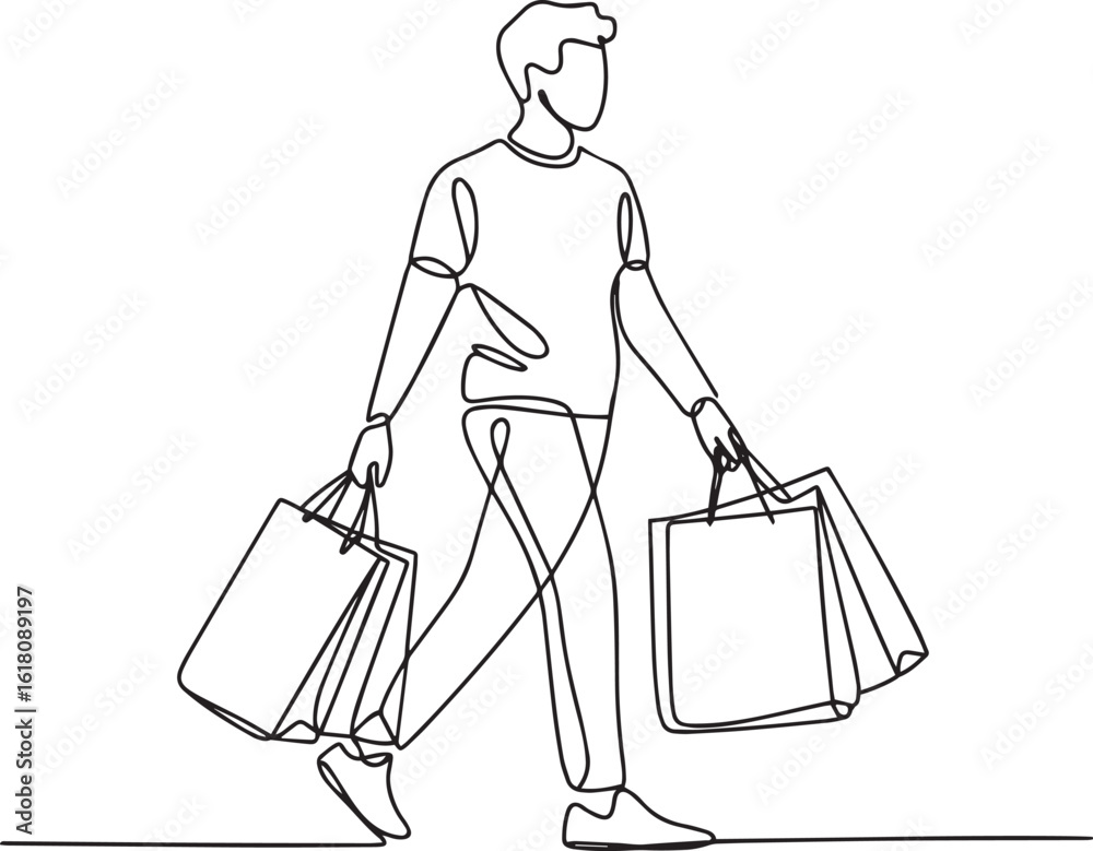 Continuous one line drawing of a young man carrying shopping bags ...