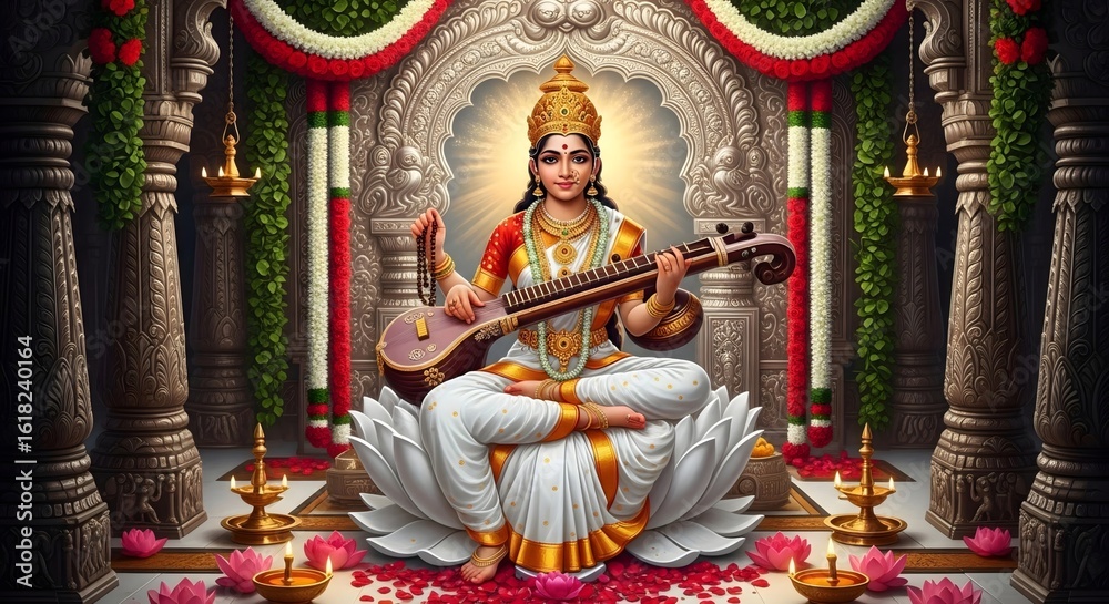 Saraswati puja goddess hinduism veena indian deity festival celebration ...