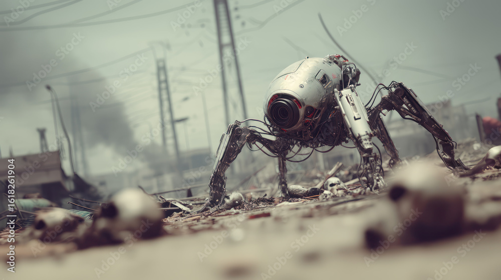 Metal robot with multiple legs crawling on human skulls. Dystopian post ...