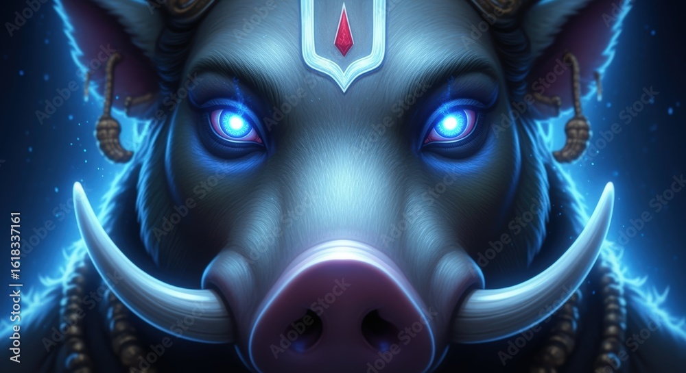 A closeup portrait of varaha, the boar avatar of vishnu, with glowing ...
