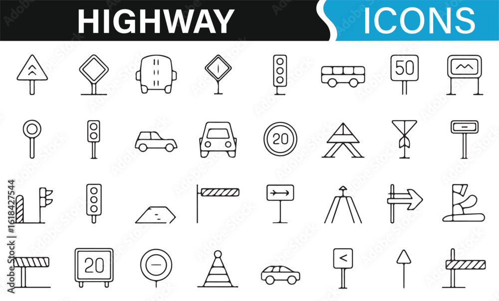 Highway and road icons for traffic signs, vehicles, and street features ...