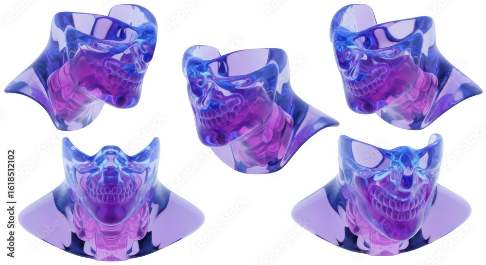 Five translucent purple stylized human skull masks against a plain ...