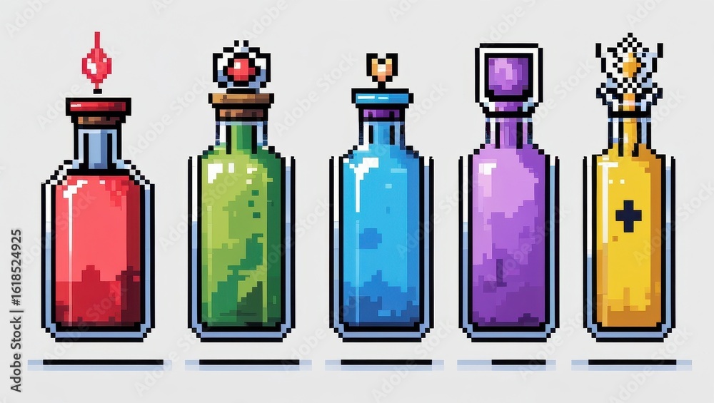 Five colorful pixel art potions with unique stoppers and liquid designs ...