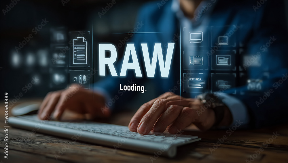 RAW data processing: Man types on keyboard, data loads. Concept for ...