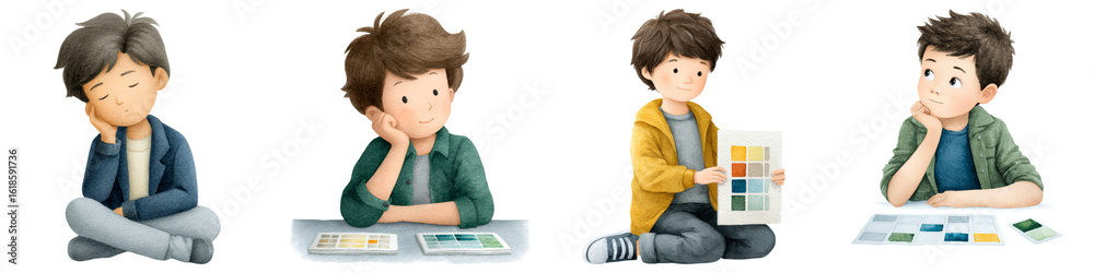 Quiet time for children, Four illustrated boys displaying different ...