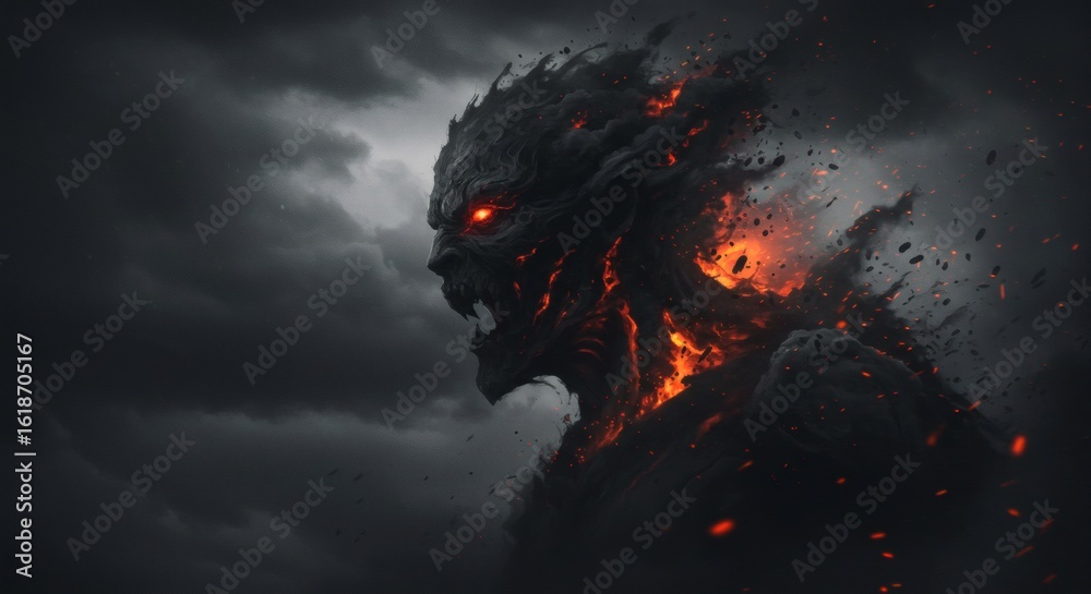Fiery Wrath: A mythical being, ignited with rage, is portrayed in a ...