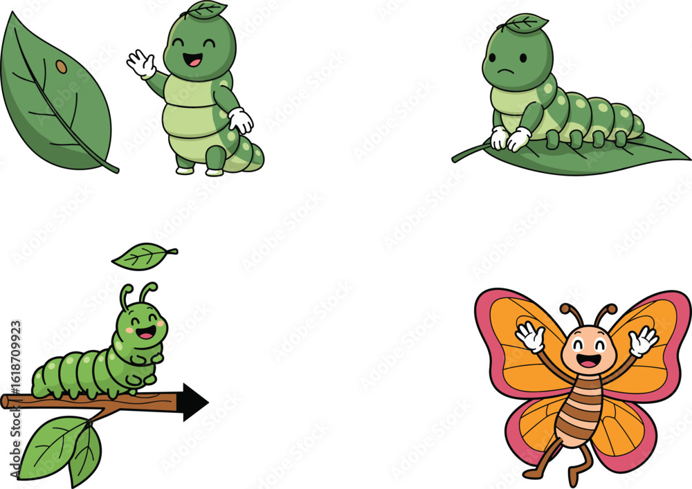 Butterfly life cycle vector illustration for kids, cartoon caterpillar ...