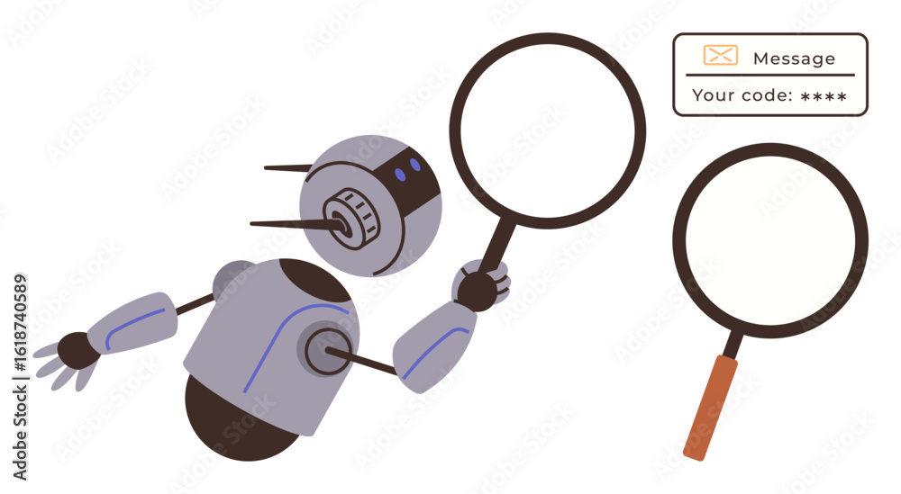 Robot examining message and code with magnifying glass, representing ...